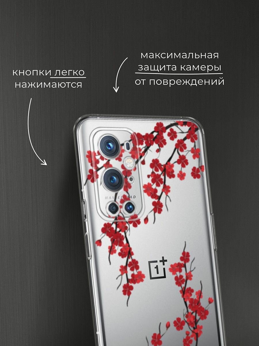 Чехол на OnePlus 9 Pro / ВанПлас 9 Про с принтом "Красная сакура", прозрачный — фото 1
