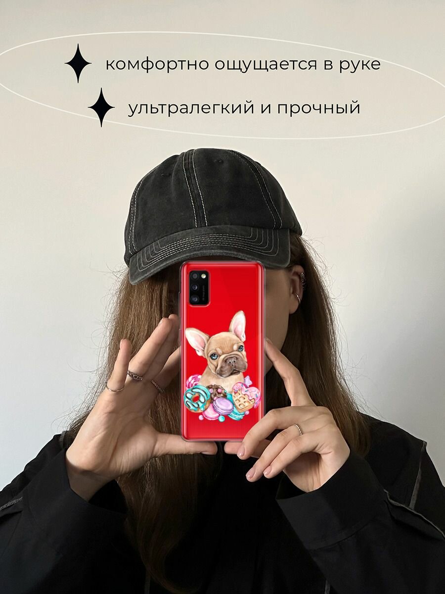 Чехол на Samsung Galaxy A41 / Самсунг Галакси А41 с принтом "Бульдог и сладости", прозрачный — фото 1