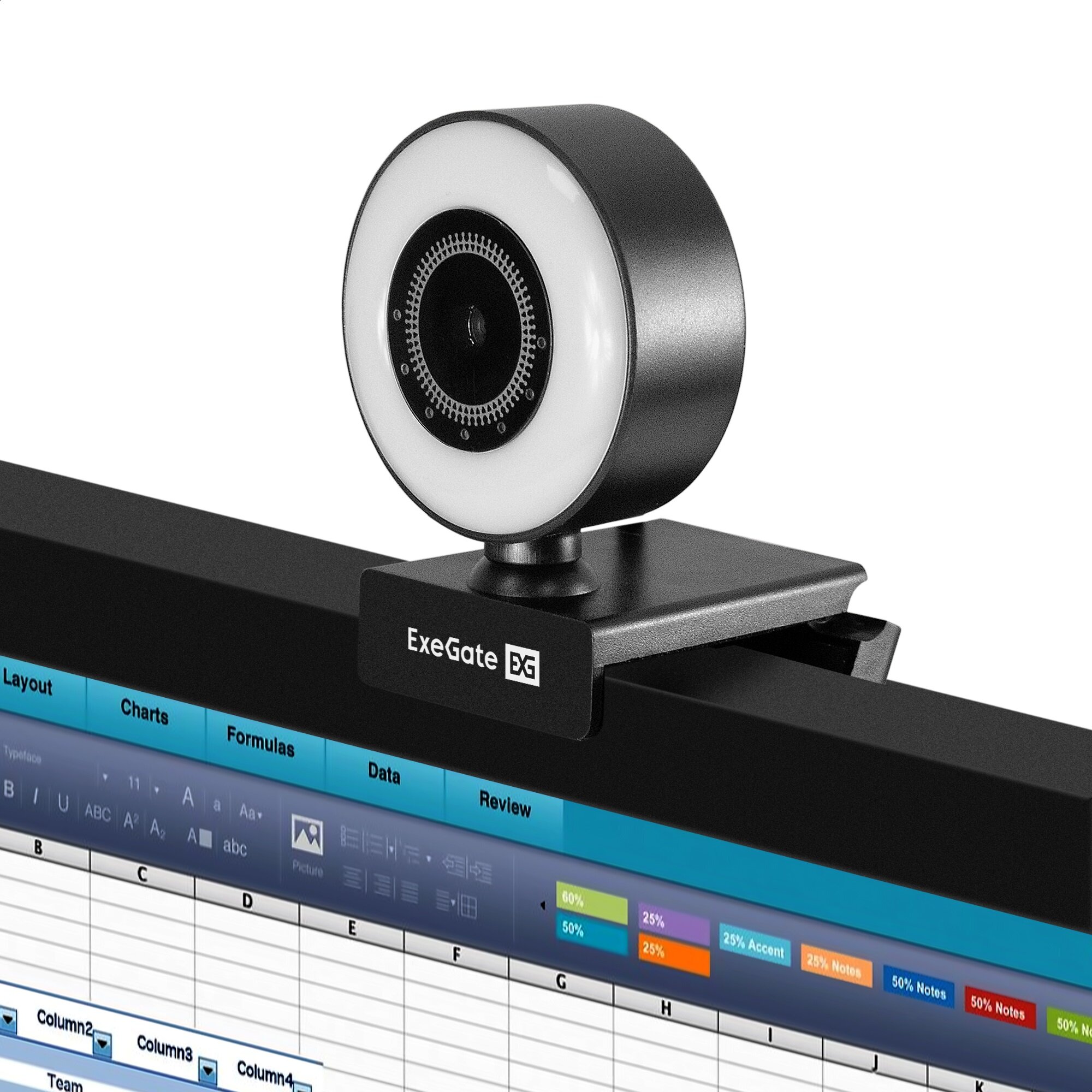 Веб-камера с подсветкой ExeGate eStudio EW-721 2K AF (5Мп, 2560х1440, 1440P, 30fps, автоматический фокус, подсветка, 4-линзовый объектив, стерео микрофон с шумоподавлением, универсальное крепление, отверстие под штатив, USB, кабель 1,5 м, RTL) EX299464RUS