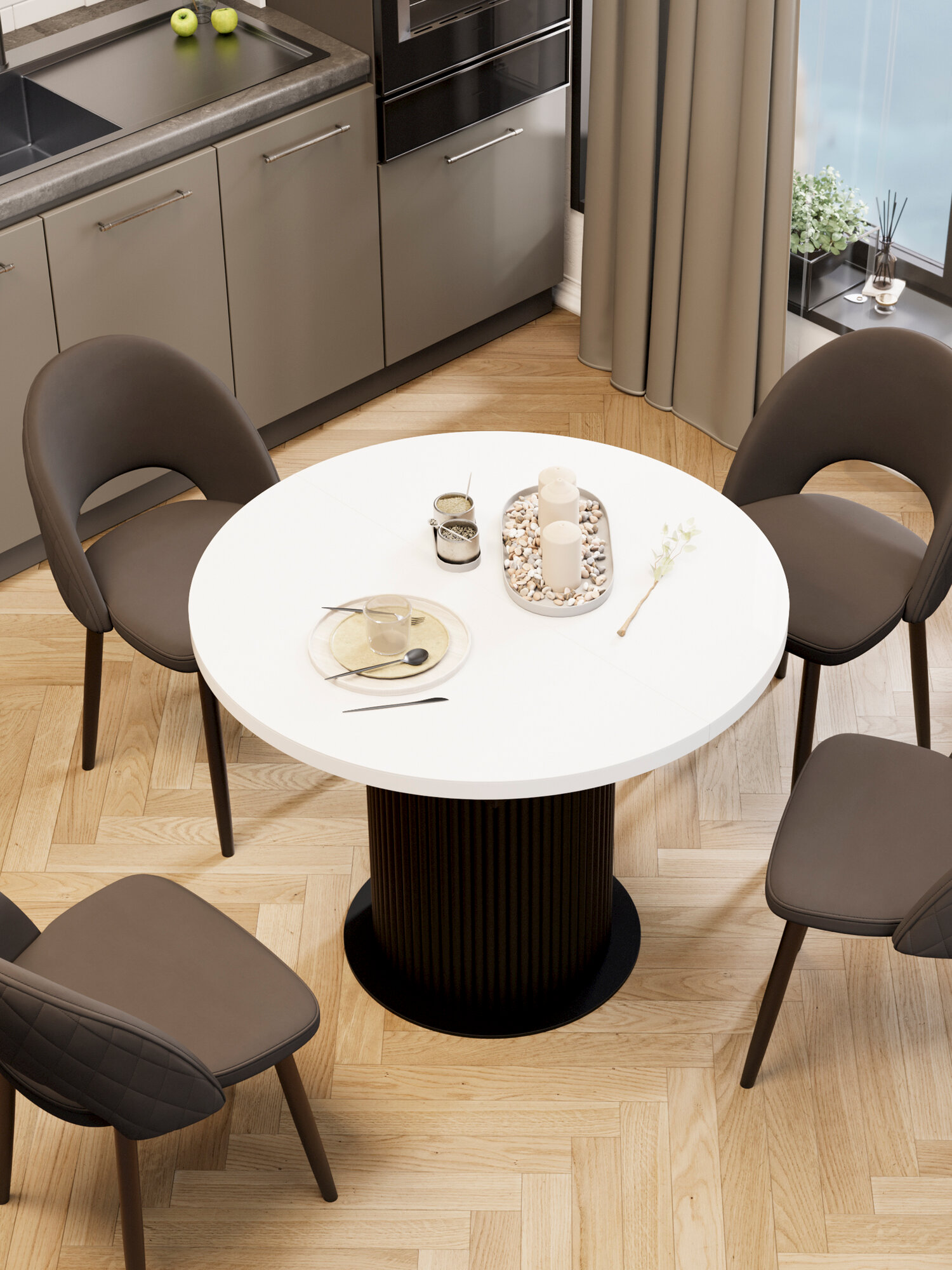 Стол обеденный раздвижной Эридан 100х100 см. Черный муар, Стекло глянцевое белое