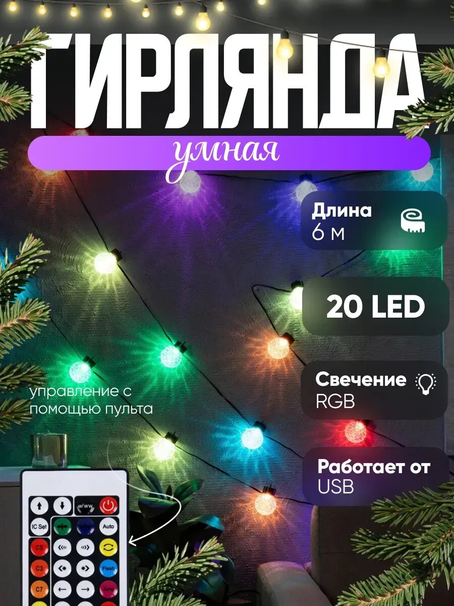 Умная гирлянда новогодняя на елку с пультом