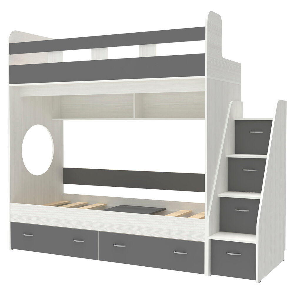 Двухъярусная кровать Юниор 1 80х190 Белое Дерево Темно-серый