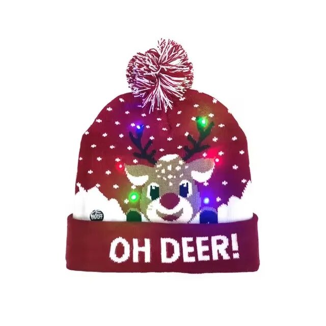 Светящаяся шапка "Oh Deer!" бордовая, рождественская