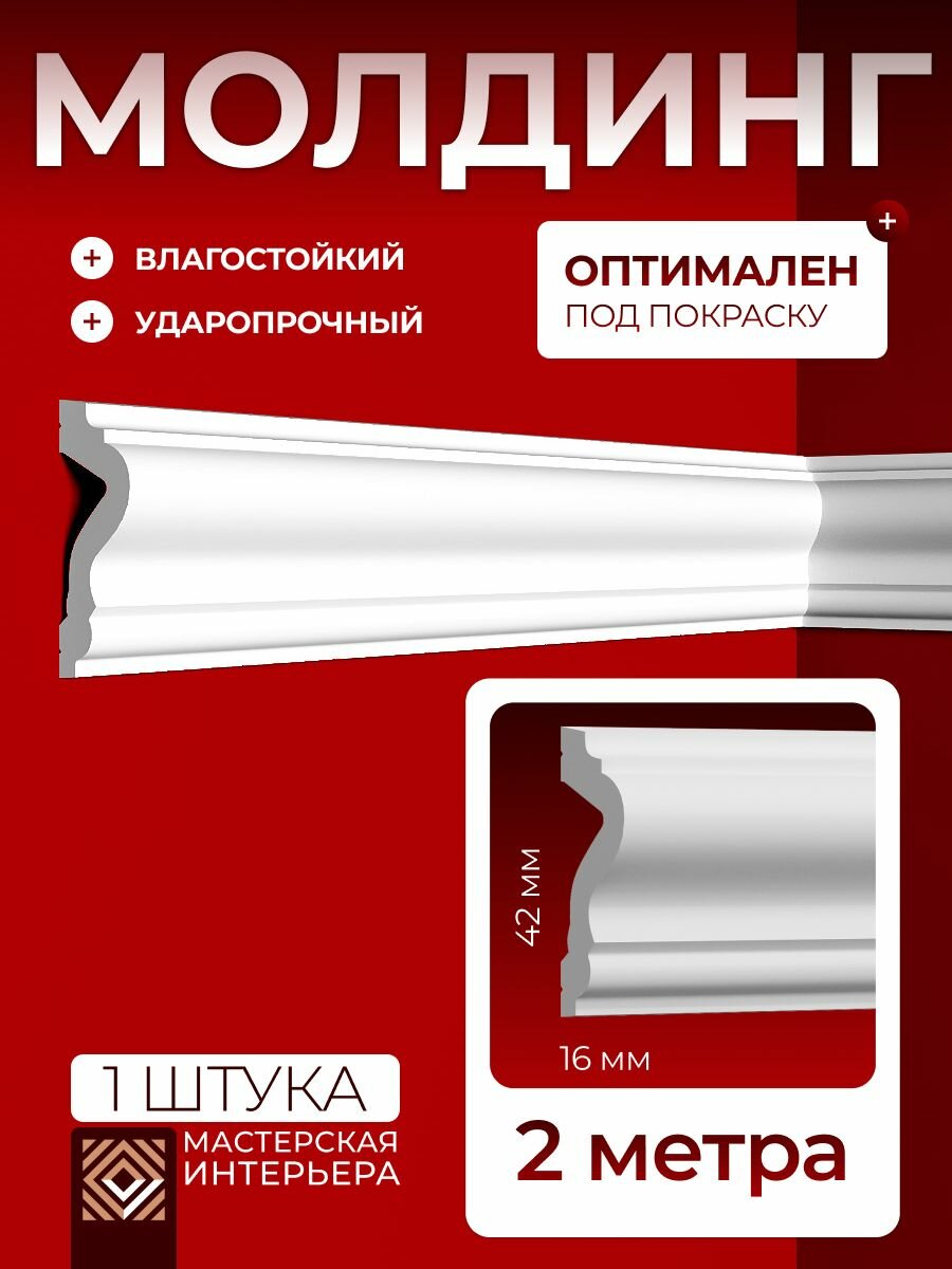 Молдинг для стен белый декоративный под покраску из дюрополимера (42х16х2000) R2-04216
