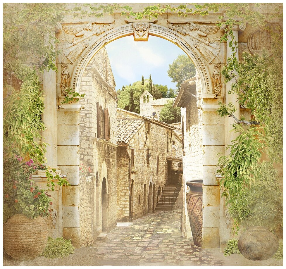 Флизелиновые фотообои Уютная стена "Улочка с аркой в старом итальянском городке" 290х270 см с текстурой Песок