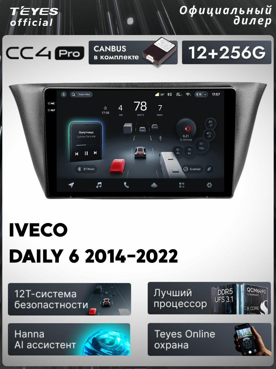 Магнитола Iveco Daily 6 2014-2022 Teyes CC4 Pro 12/256GB, штатная магнитола, 8-ми ядерный процессор, QLED экран, 2 DSP