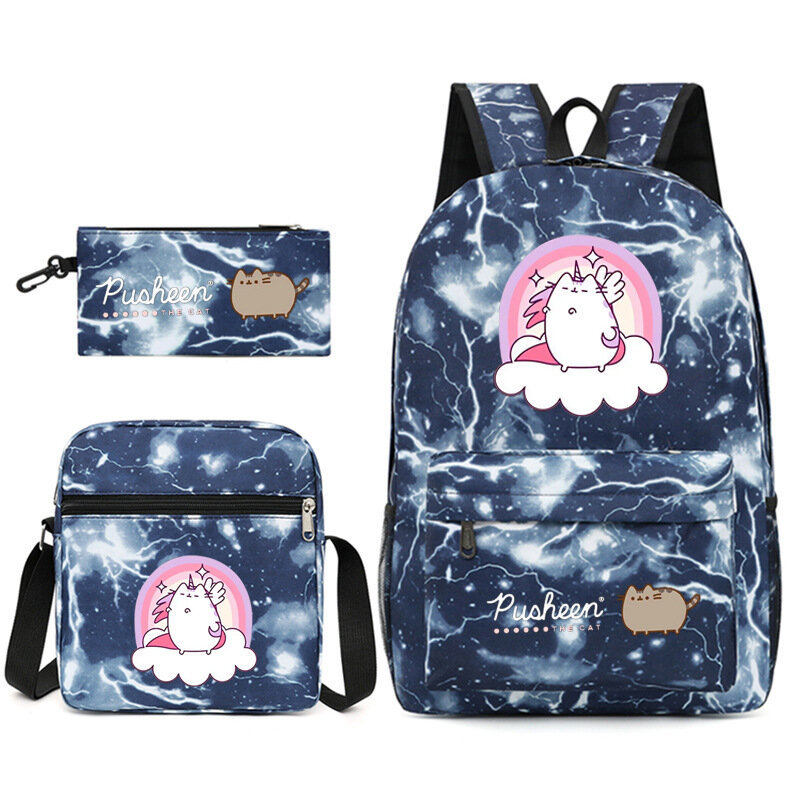 Pusheen fat cat школьная сумка из трех предметов, повседневный студенческий рюкзак для мужчин и женщин с принтом, уличный рюкзак большой вместительности