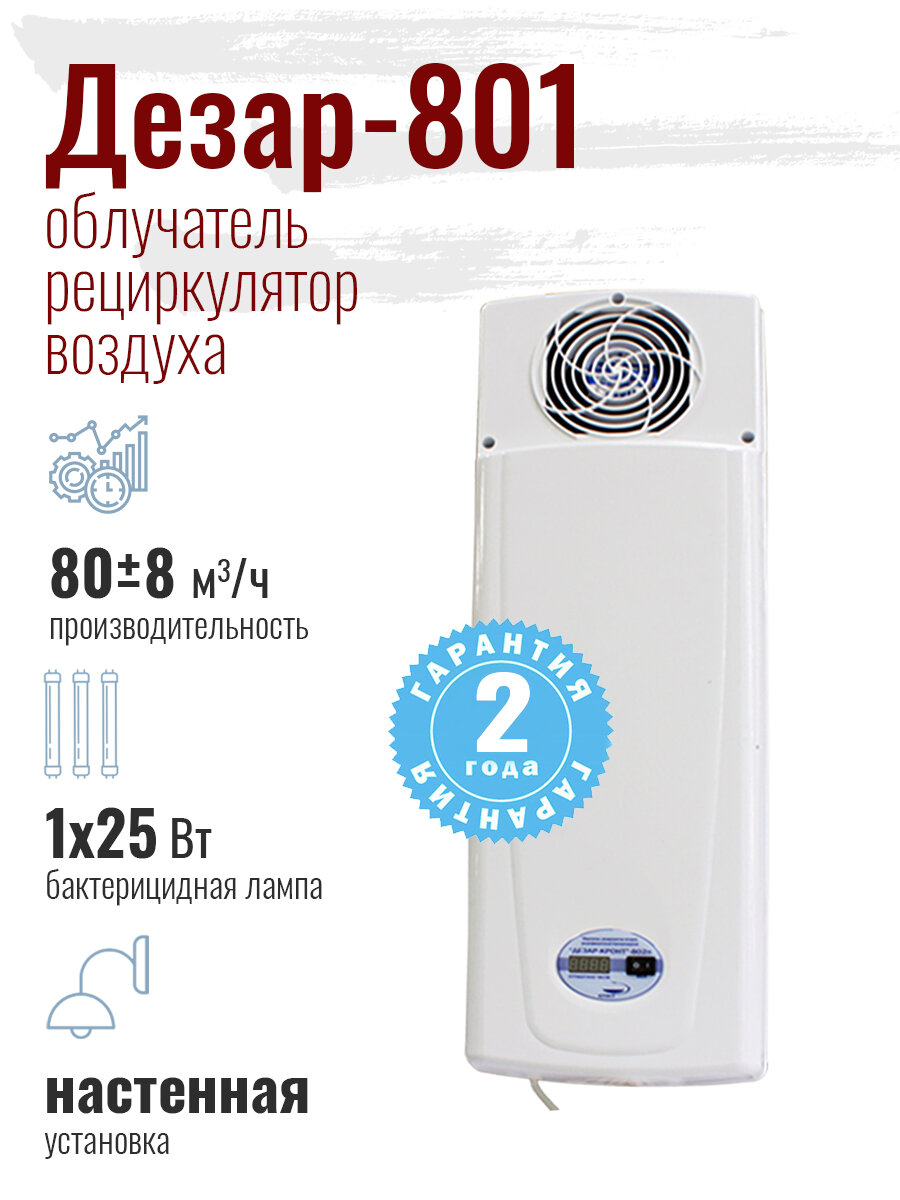 Облучатель-рециркулятор воздуха ультрафиолетовый бактерицидный "дезар-кронт" (Дезар-801) настенный