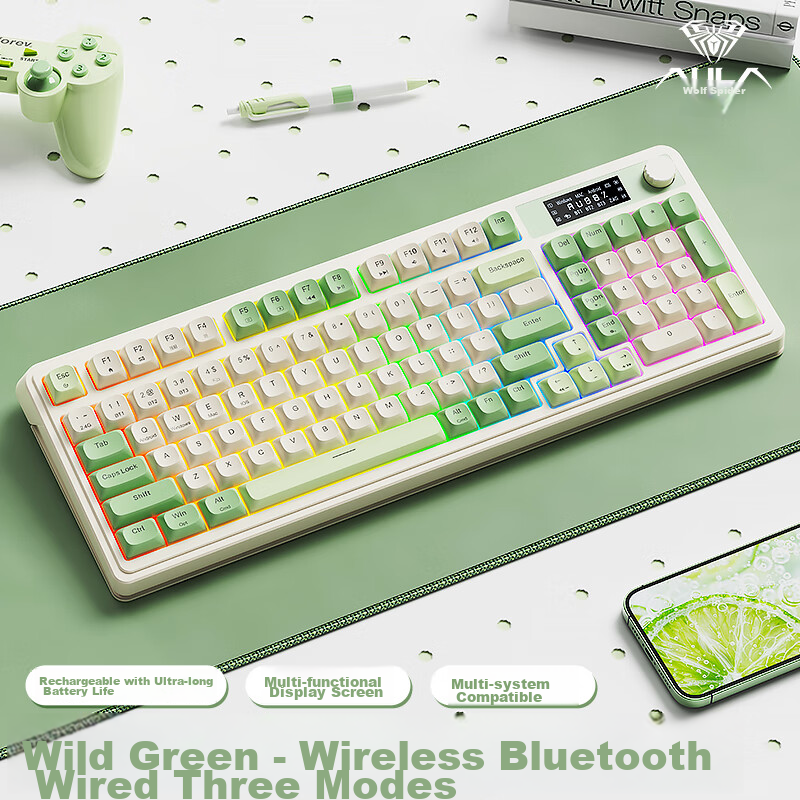 AULA S99Pro Wireless/Bluetooth/Wired Tri-Mode Keyboard, Mechanical Feel, RGB Backlight, Colorful, Compatible with Mac, Laptop And Desktop Computers, Prairie Green