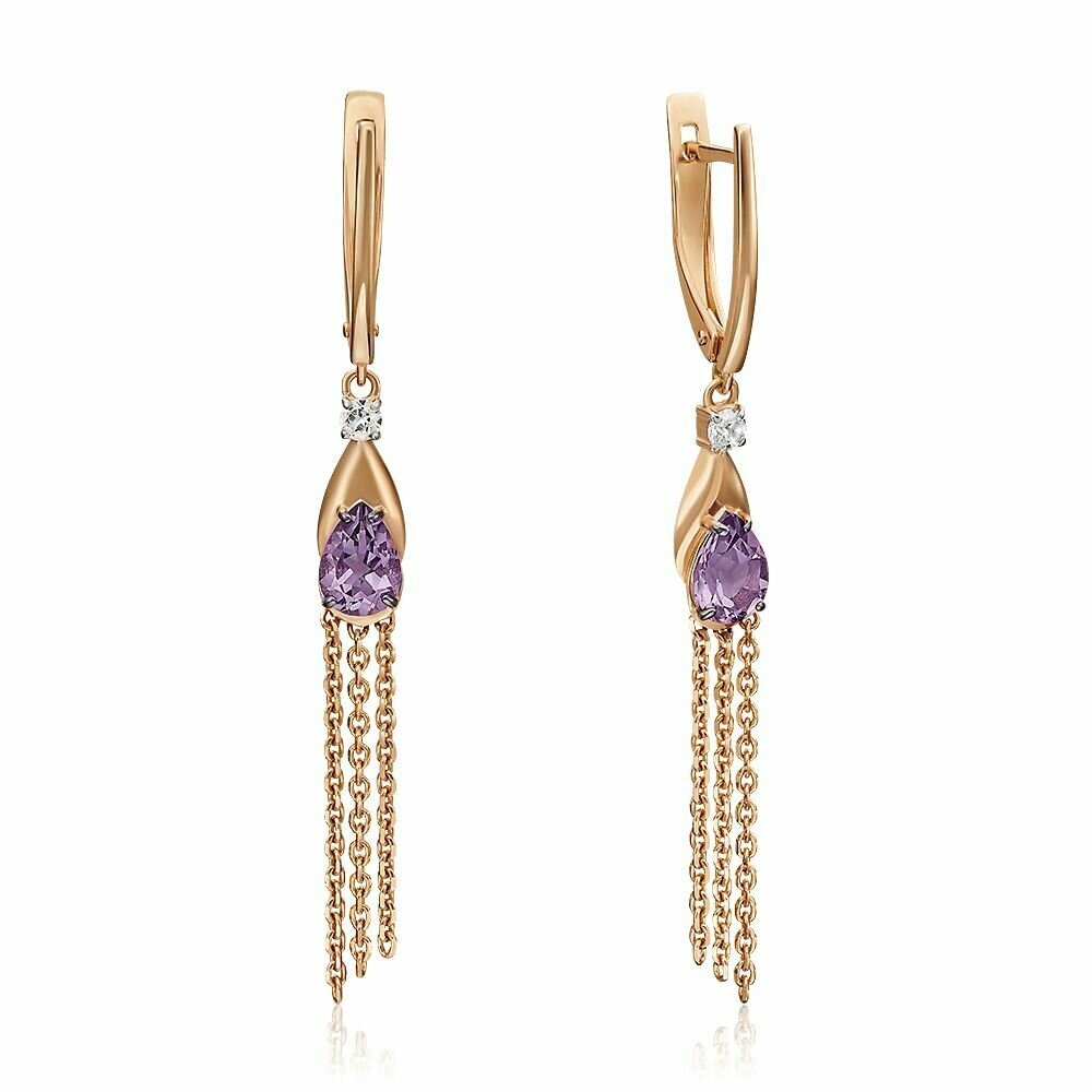 Серьги цепочки, с подвесками, красное золото, 585 проба, топаз, аметист