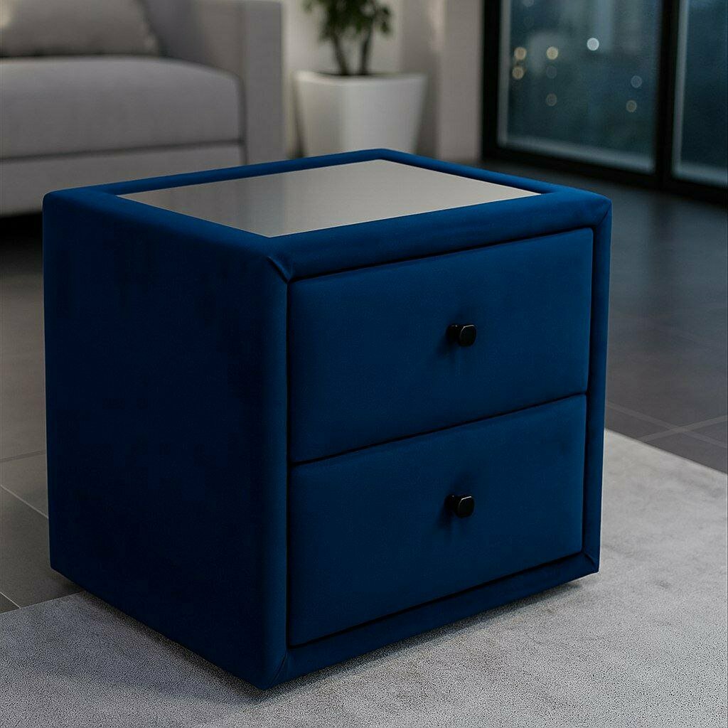 Прикроватная тумба дэрия, с ящиками, с мягким текстильным покрытием, ЛДСП, синяя стеклянная поверхность