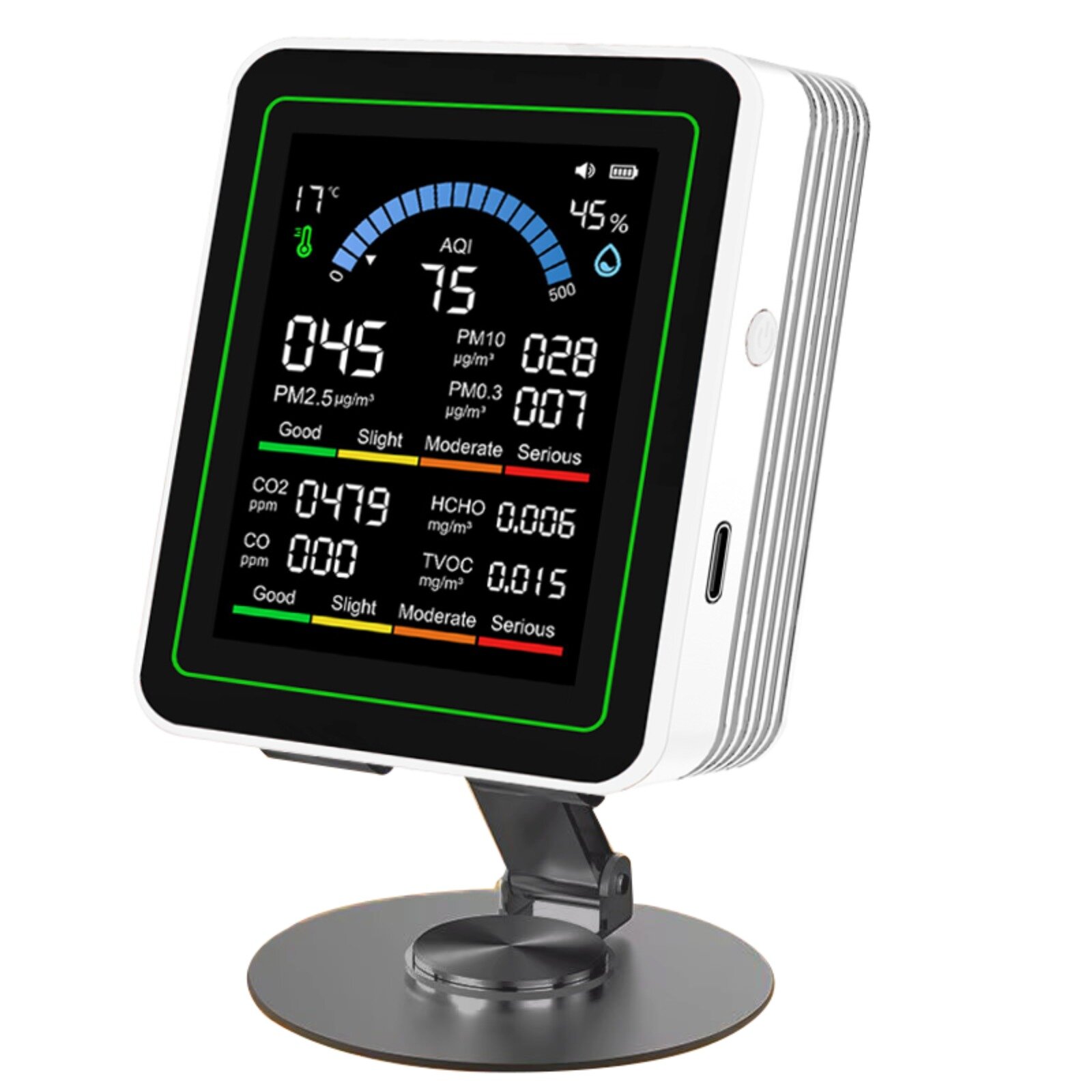 Тестер качества воздуха 10-в-1 с дисплеем TFT цветным 2.8 дюйма PM2.5/PM10/PM0.3/HCHO/TVOC/CO₂/CO/AQI/Температура/Влажность встроенный аккумулятор 2000mAh ZN-MT13 черный/белый