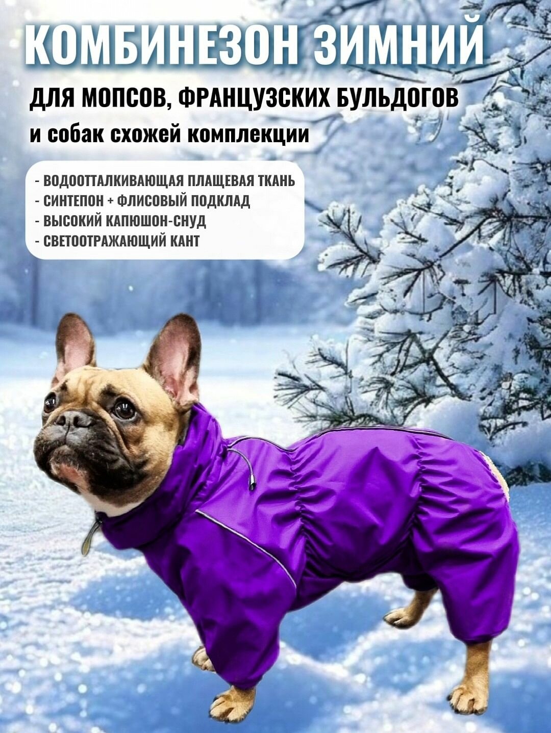 Комбинезон зимний для французских бульдогов и пород схожей комплекции, фиолетовый, ФР-1