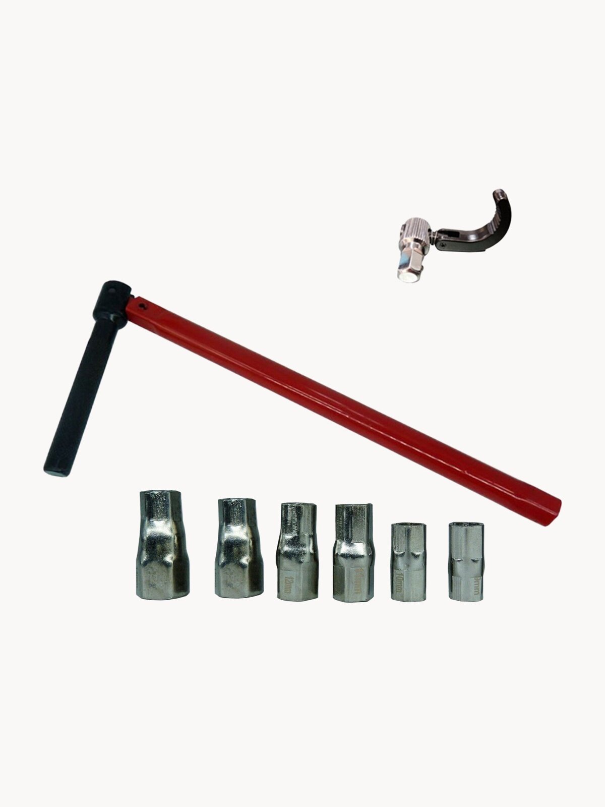 Торцевой ключ для смесителей в наборе с 6 сквозными насадками (8-14мм) и "вороньим когтем" для больших диаметров