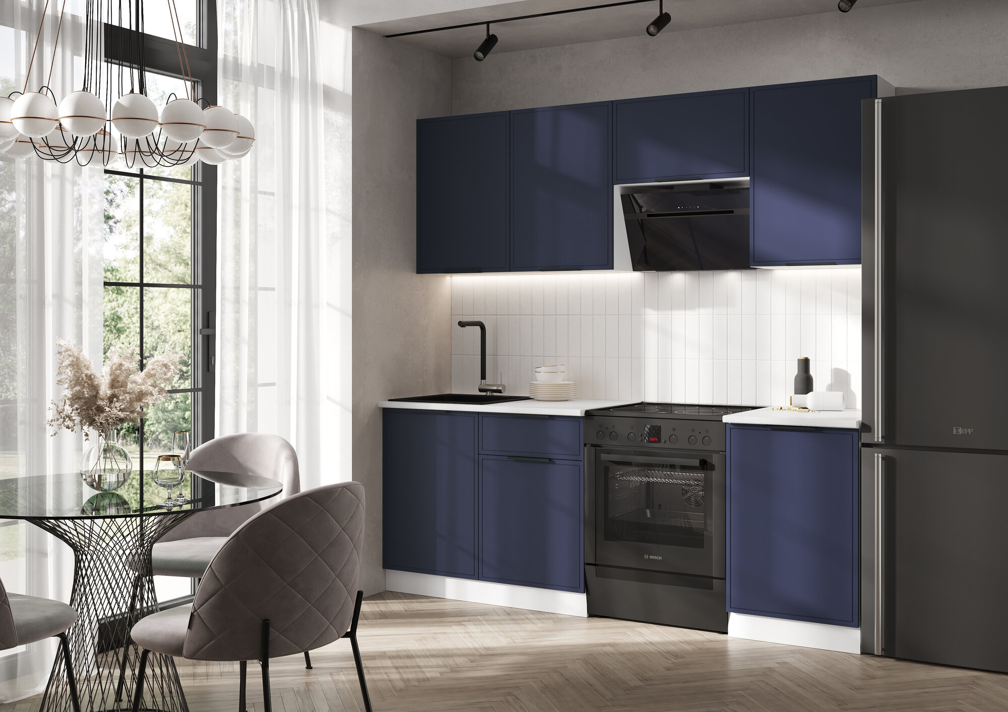 Кухонный гарнитур МиФ "Николь", ЛДСП, МДФ, 2,1 м, цвет Холст сапфировый