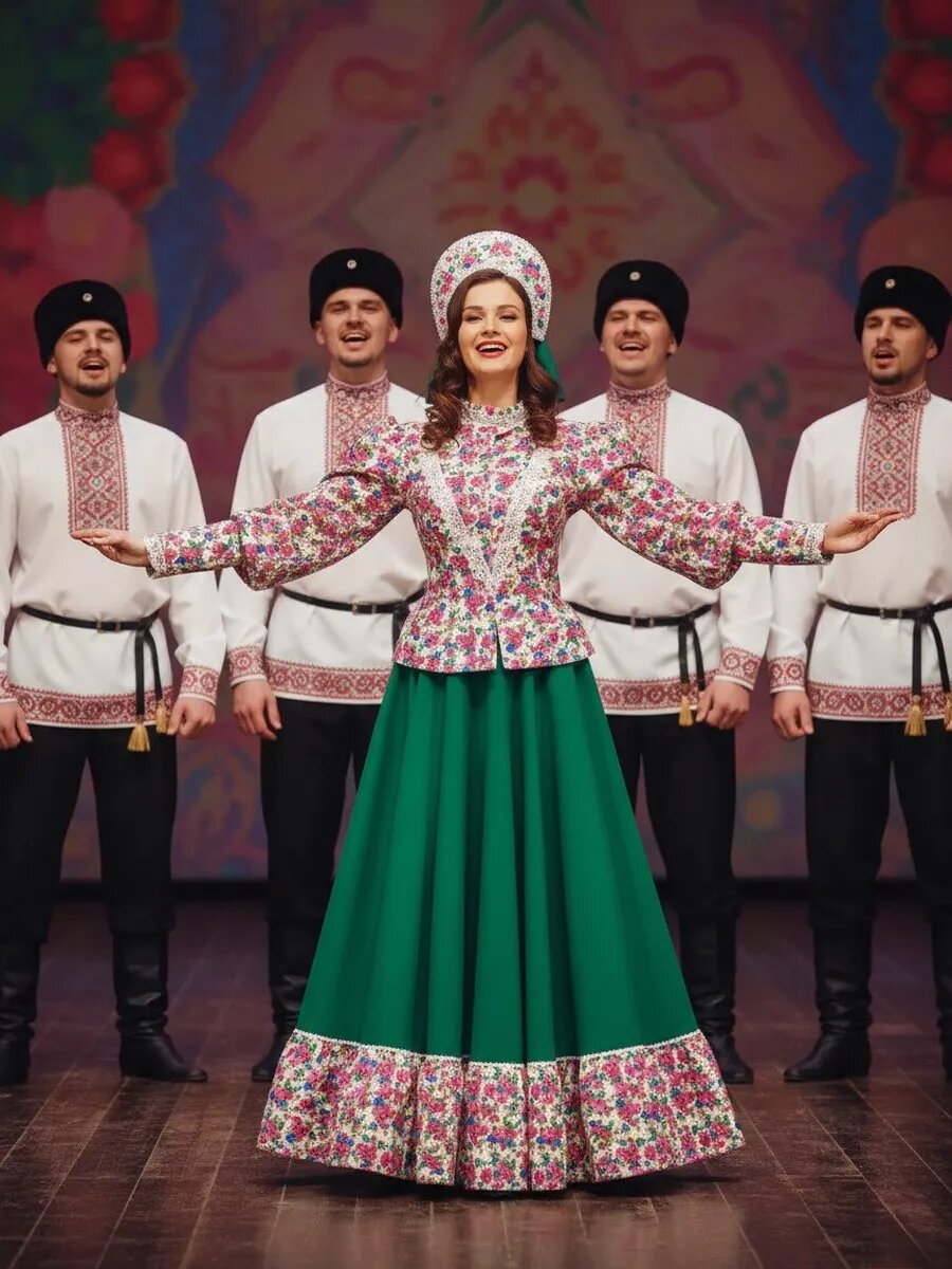 Русский народный костюм казачка Варвара с кокошником зеленый, 52-54