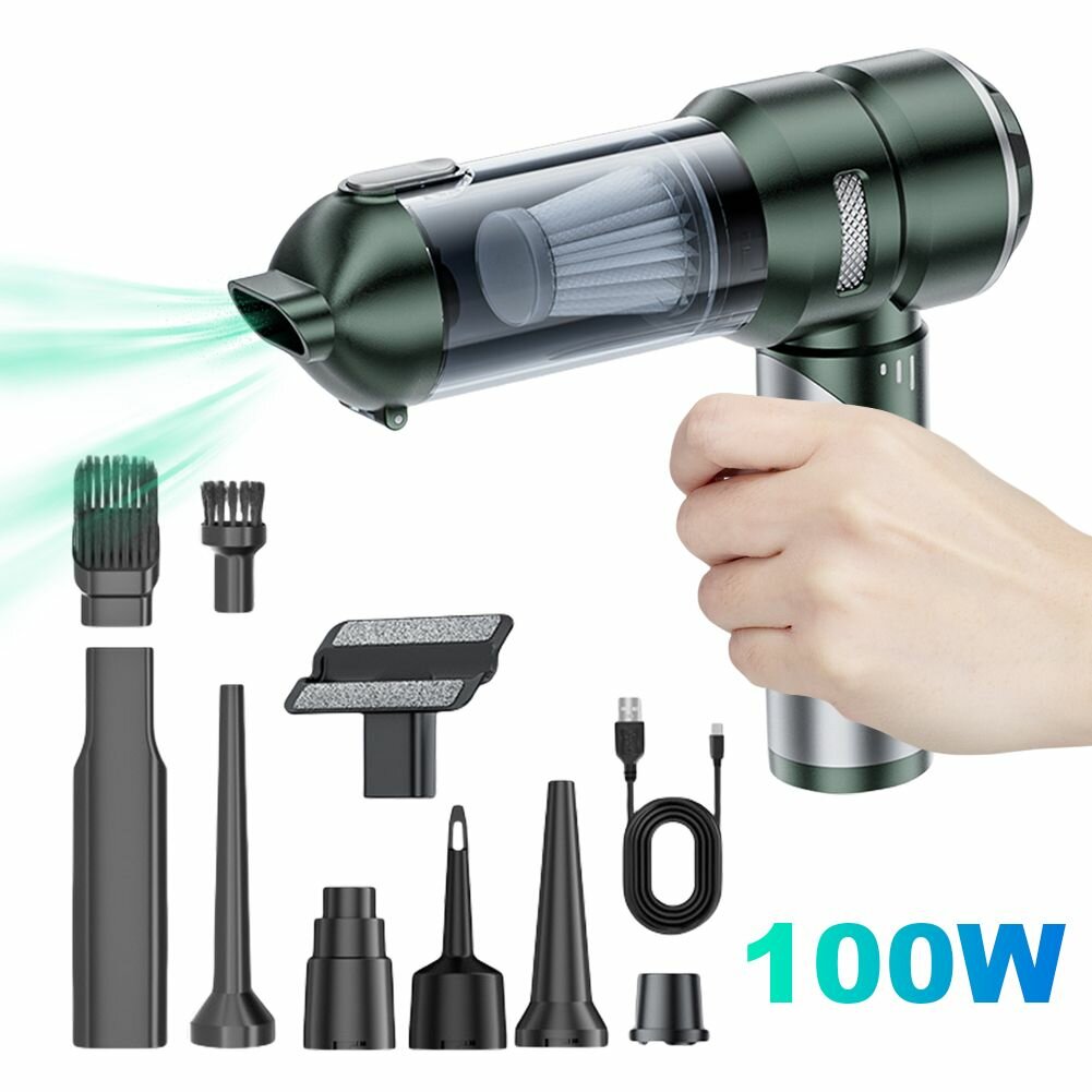 Портативный автомобильный пылесос-воздуходувка с аккумулятором, 16000 Па, зелёный