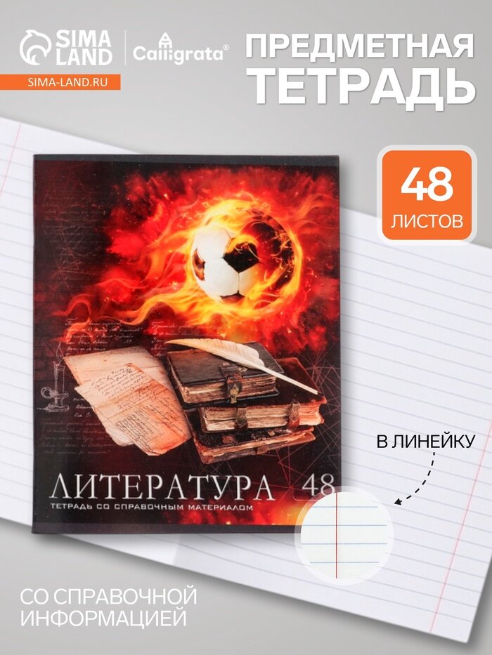 Предметная тетрадь по литературе Calligrata Футбол, 48 листов, в линейку, со справочным материалом, обложка из мелованного картона, 10 шт.