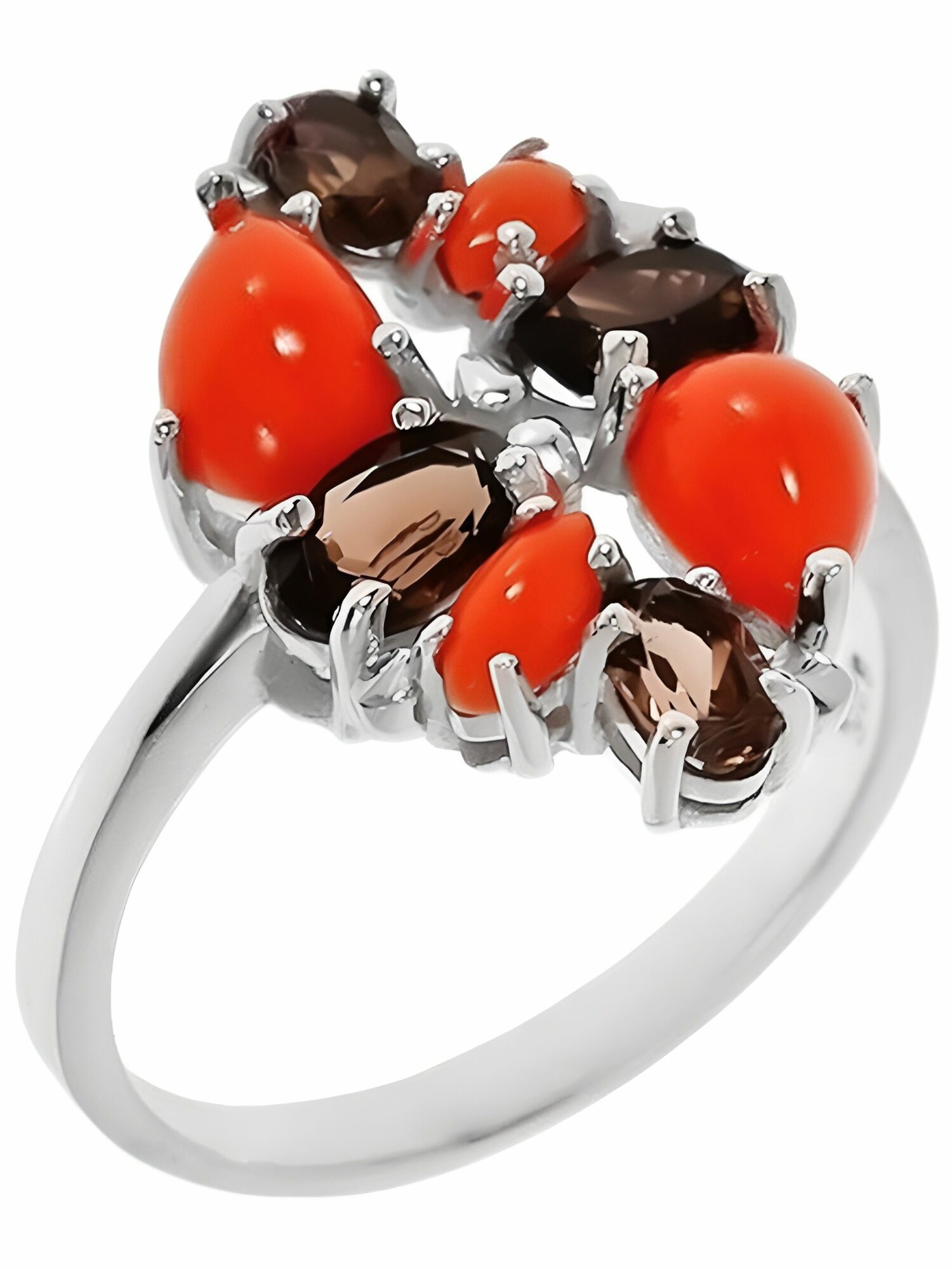 Кольцо тонкое, серебро, 925 проба, родирование, раухтопаз, коралл