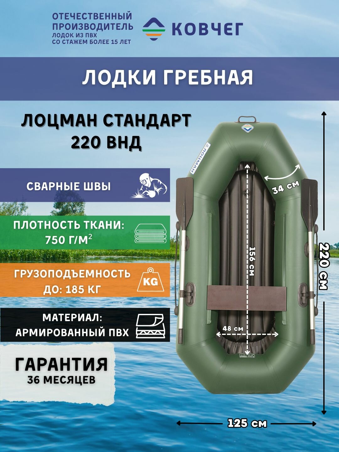 Лодка ПВХ гребная для рыбалки Лоцман Стандарт 220 ВНД (зеленый)