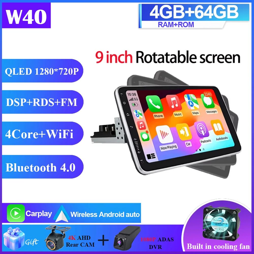Автомобильный радиоприемник 7/9/10 дюймов, универсальный, одинарный, 1 Din, 360 ° Вращающийся автомобильный радиоприемник, мультимедийный плеер, GPS Navi, автомобильная стереосистема Carplay BT 4G 4-64G DVR A