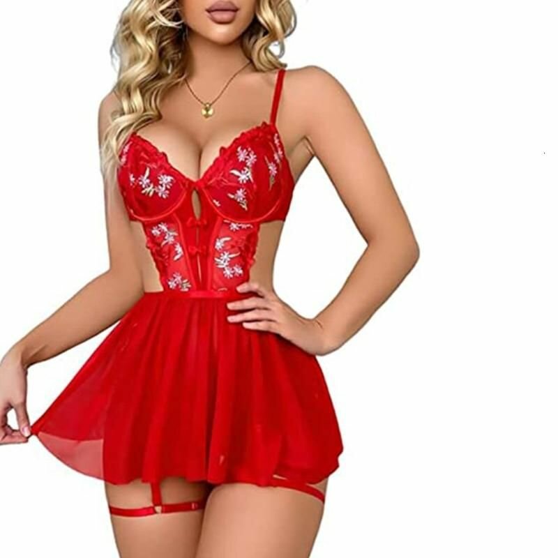 Женское сетчатое белье с подвязками, красный - XXL