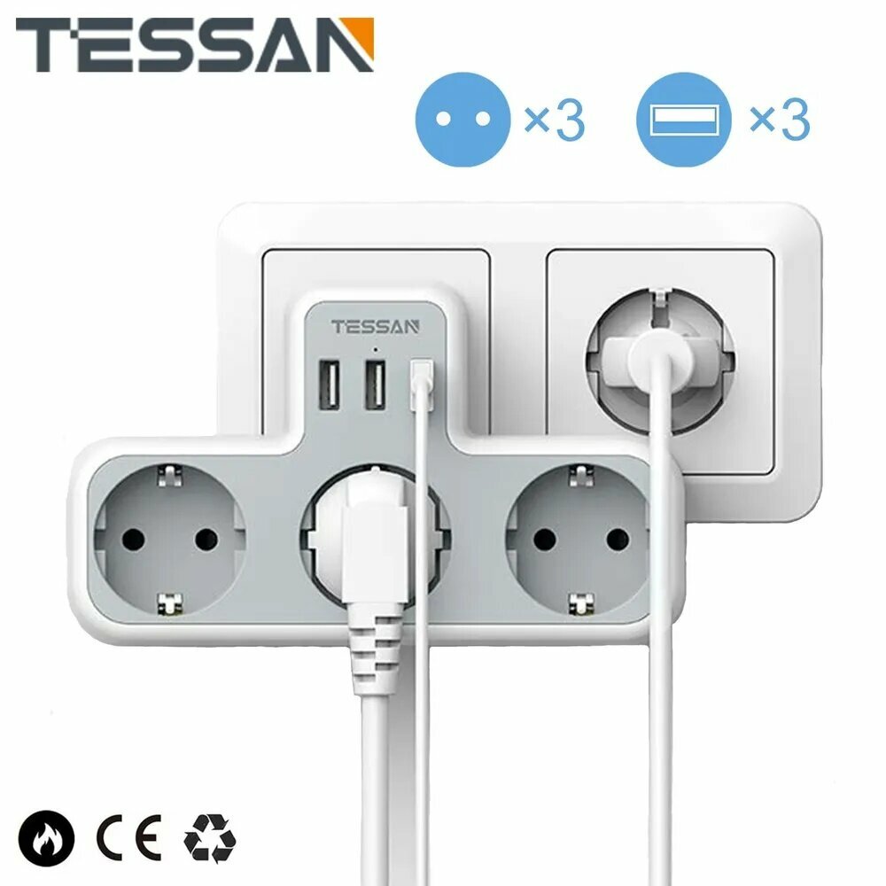 Многофункциональная настенная розетка TESSAN с 3 розетками, 3 USB-порта, USB-адаптер 6 в 1 с защитой от перегрузки для смартфона, планшета