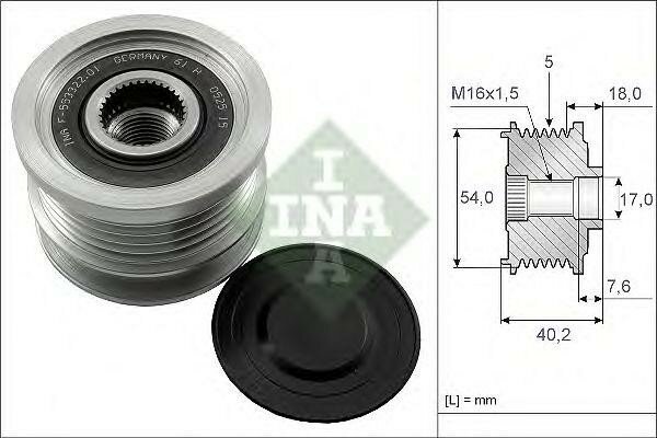 Шкив генератора INA 535014310 OPEL Astra H/Corsa D/Meriva/Zafira B/Vectra C 1.6/T/1.8 04->