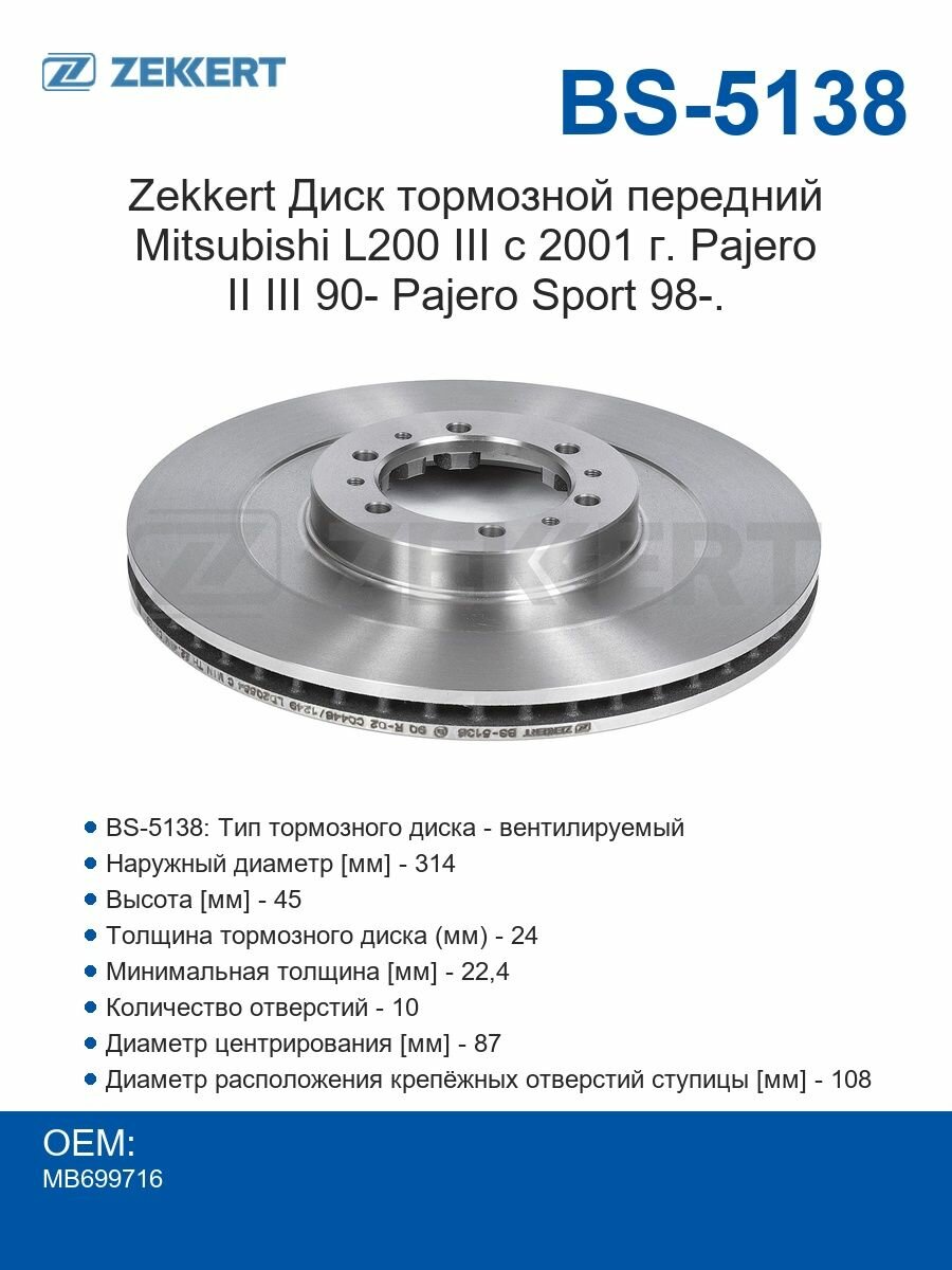 Zekkert Диск тормозной передний Mitsubishi L200 III с 2001 г. Pajero II III 90- Pajero Sport 98-.