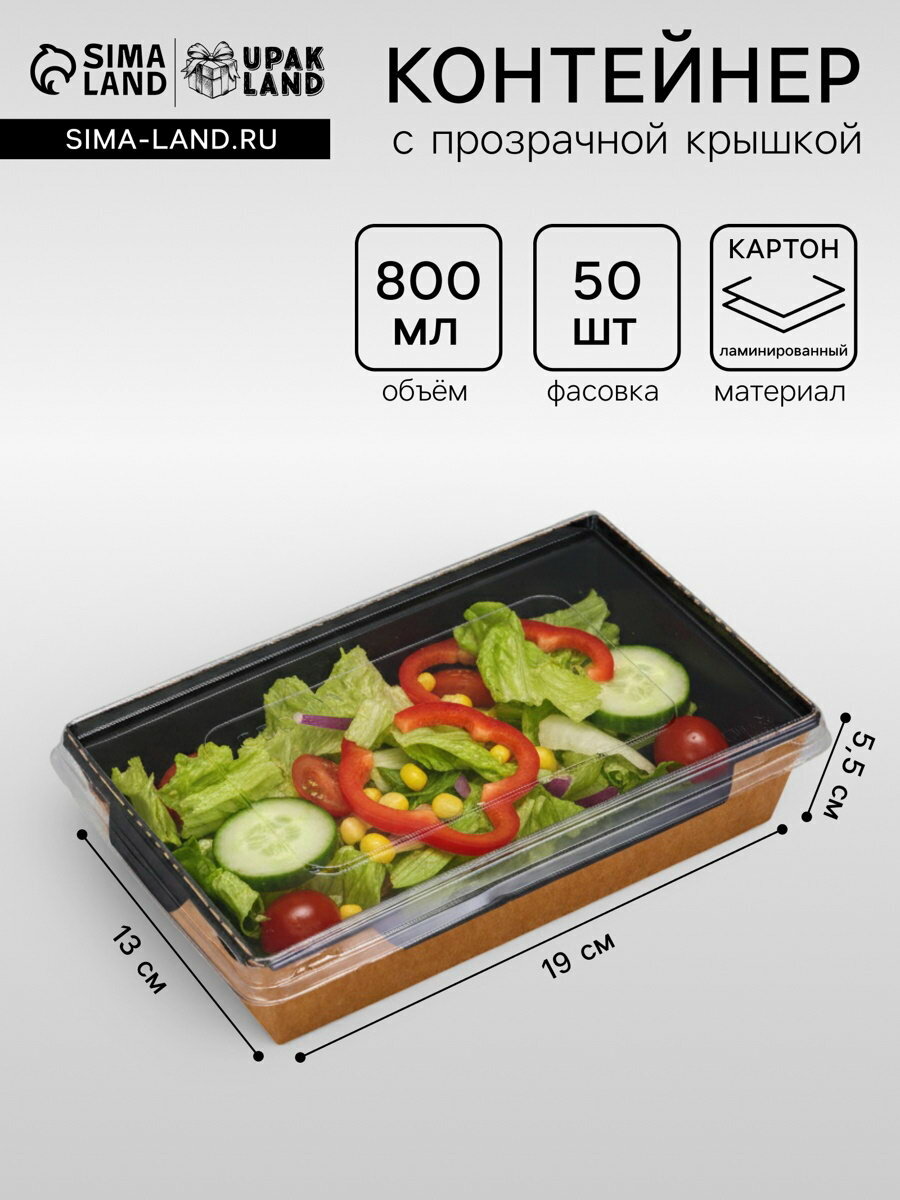 Салатник одноразовый, контейнер с плоской прозрачной крышкой, чёрный, 0.8 л, 19x13x5.5 см, 50 шт.