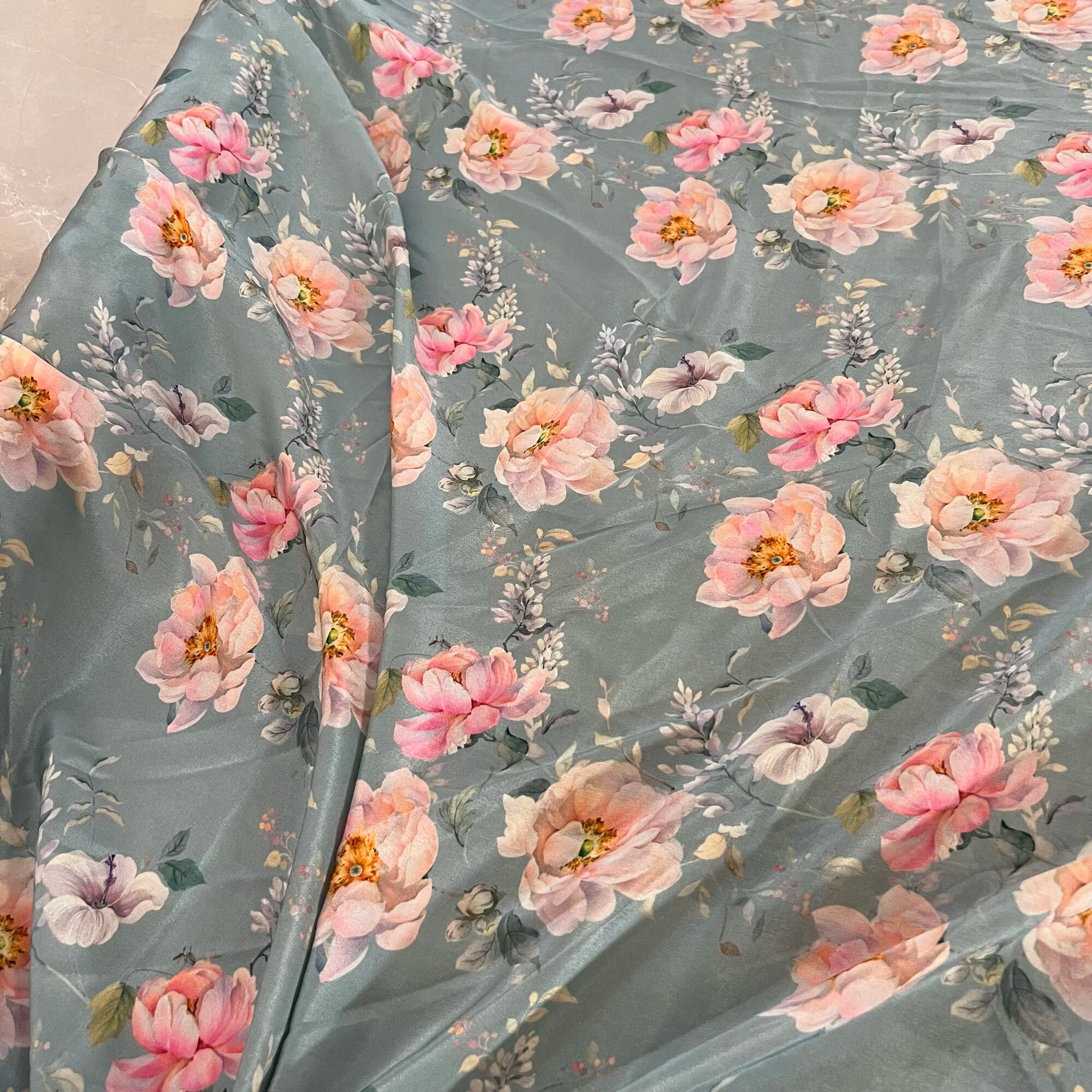 Шелковая ткань серый синий цветочный принт 100% шелк тутового шелкопряда 15 момме 140 см