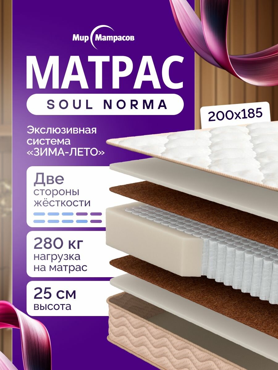 Матрас 200х186 см Soul Norma анатомический, Независимые пружины, Зональный блок