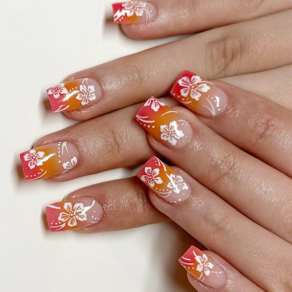 Квадратный Пресс на Ногте Цветок Поддельный, Наклеивается на Ноготь в 12 Размерах, 24 Шт Французских Типсов для ногтей DIY Nail Art Decorations