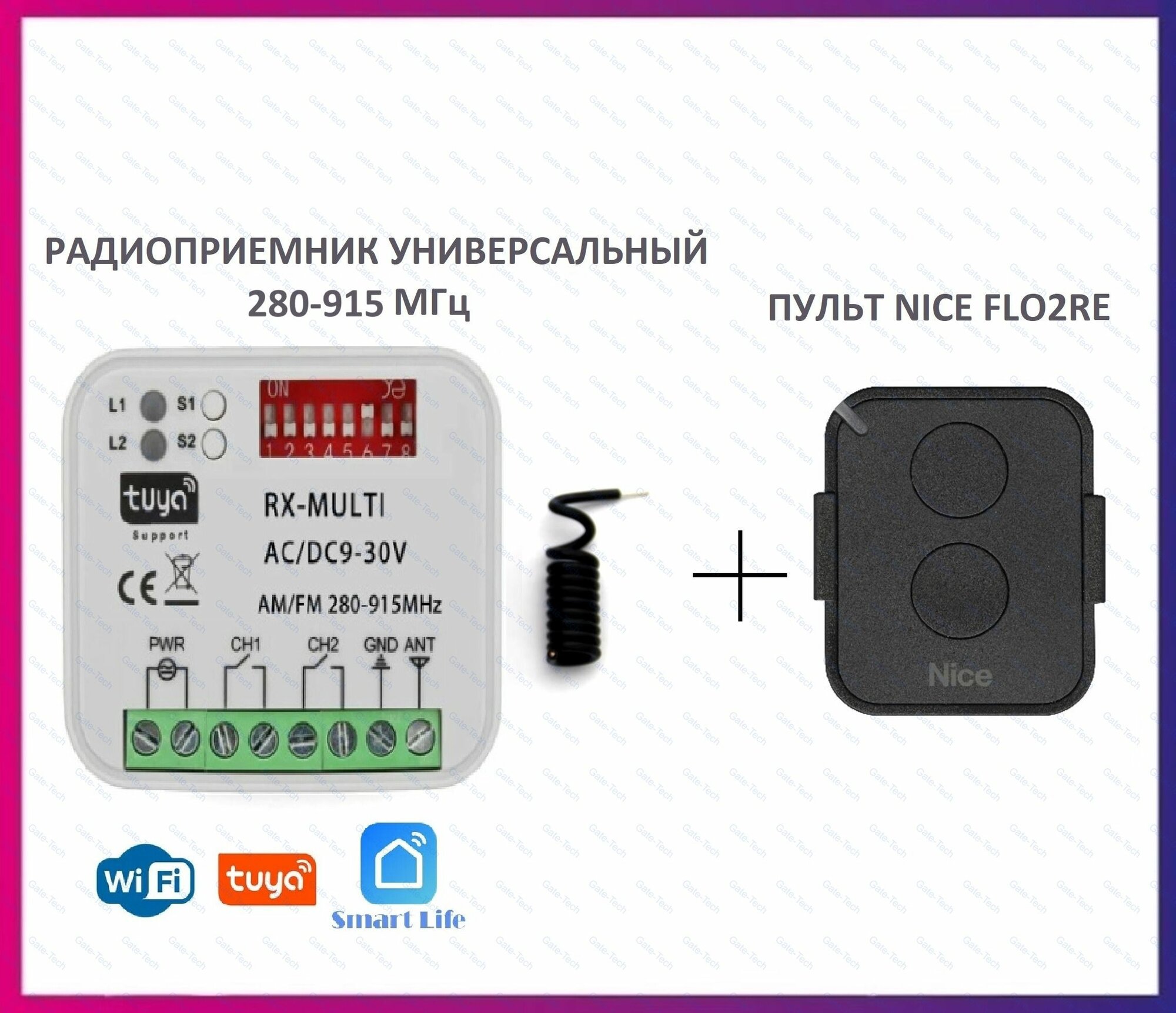 Радиоприемник внешний универсальный 2-х канальный для ворот и шлагбаумов RX-MULTI Wi-Fi Tuya Smart 300-868MHz AC/DC9-30v (мультичастотный) + пульт Nice FLO2RE