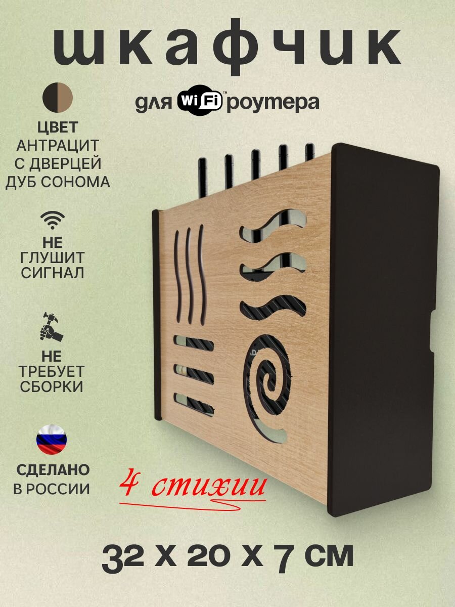 Полка короб для роутера, шкафчик 20х32см - "4 стихии" ; Антрацит с дверцей дуб сонома