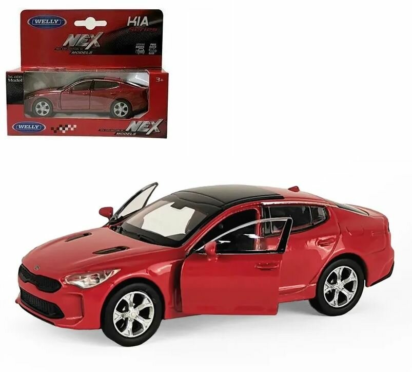 Машинка Welly KIA Stinger. масштаб 1:38, металлическая, пружинный механизм, красный цвет