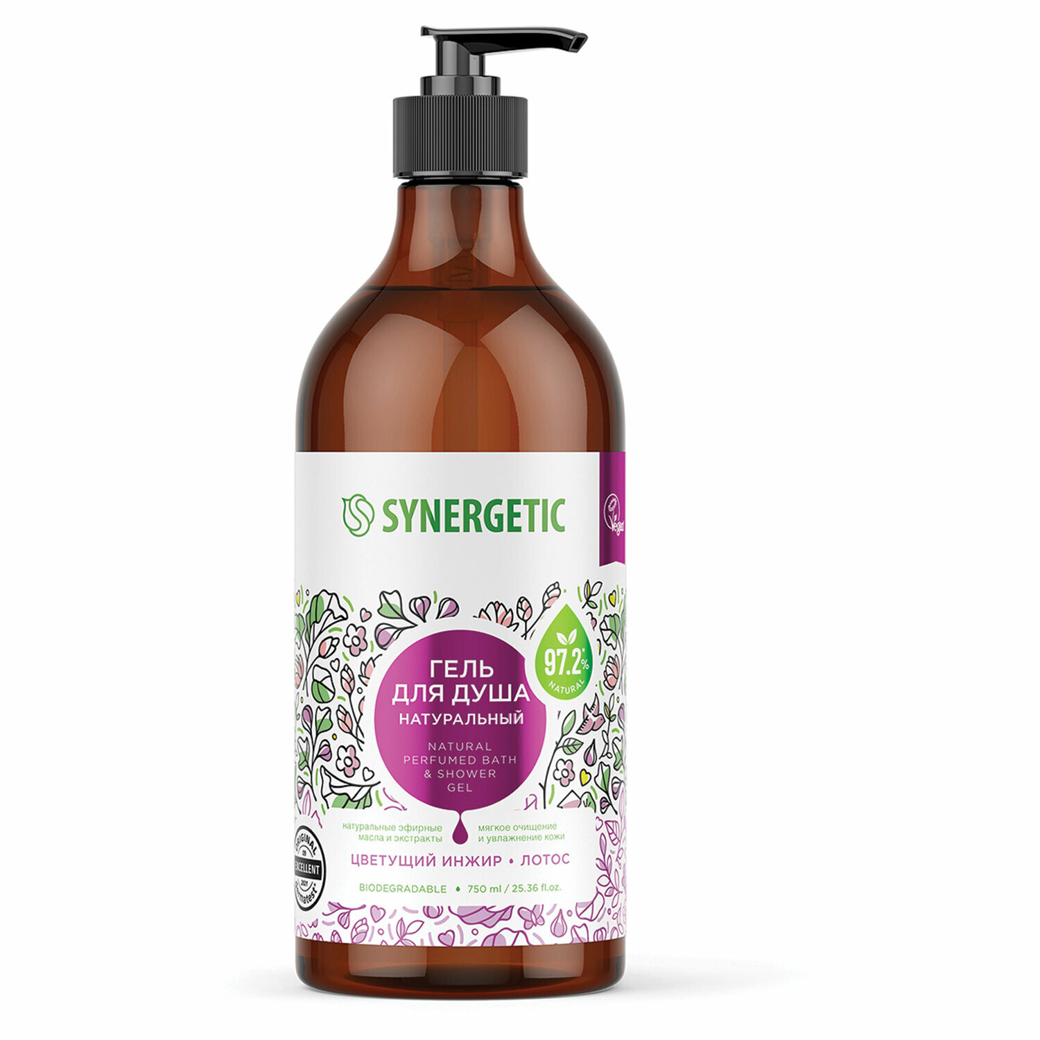 Гель для душа Synergetic Цветущий инжир и лотос, объем 750 мл, натуральный, биоразлагаемый 400010