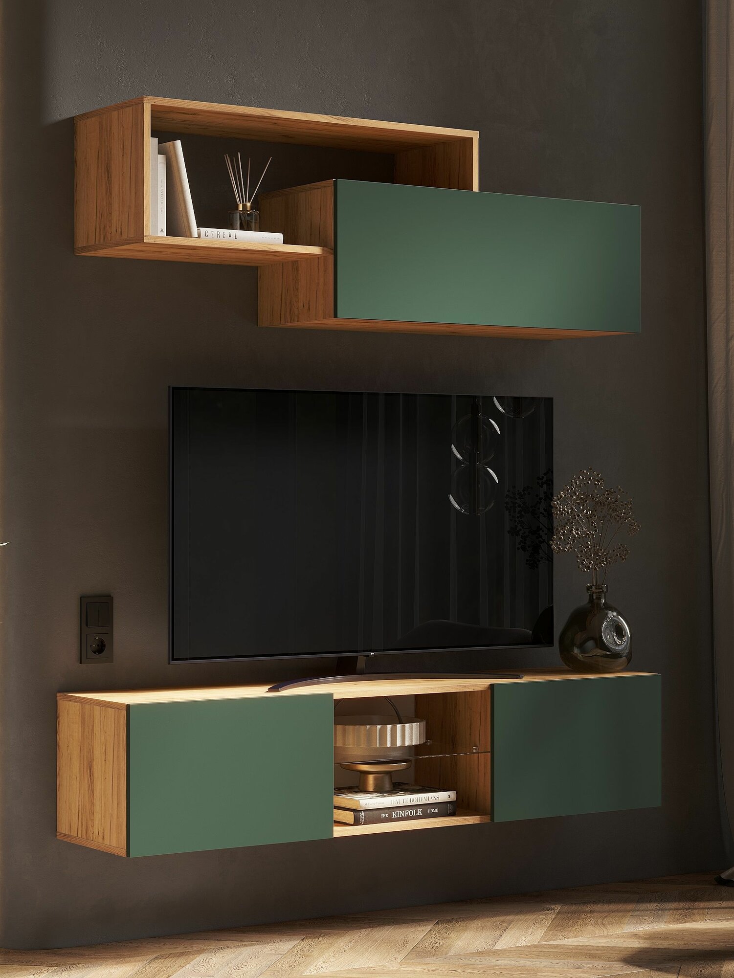 Стенка в гостиную под телевизор Норд, мебель с подвесными секциями для хранения, 150х35х170 см, Дуб крафт/Изумрудный