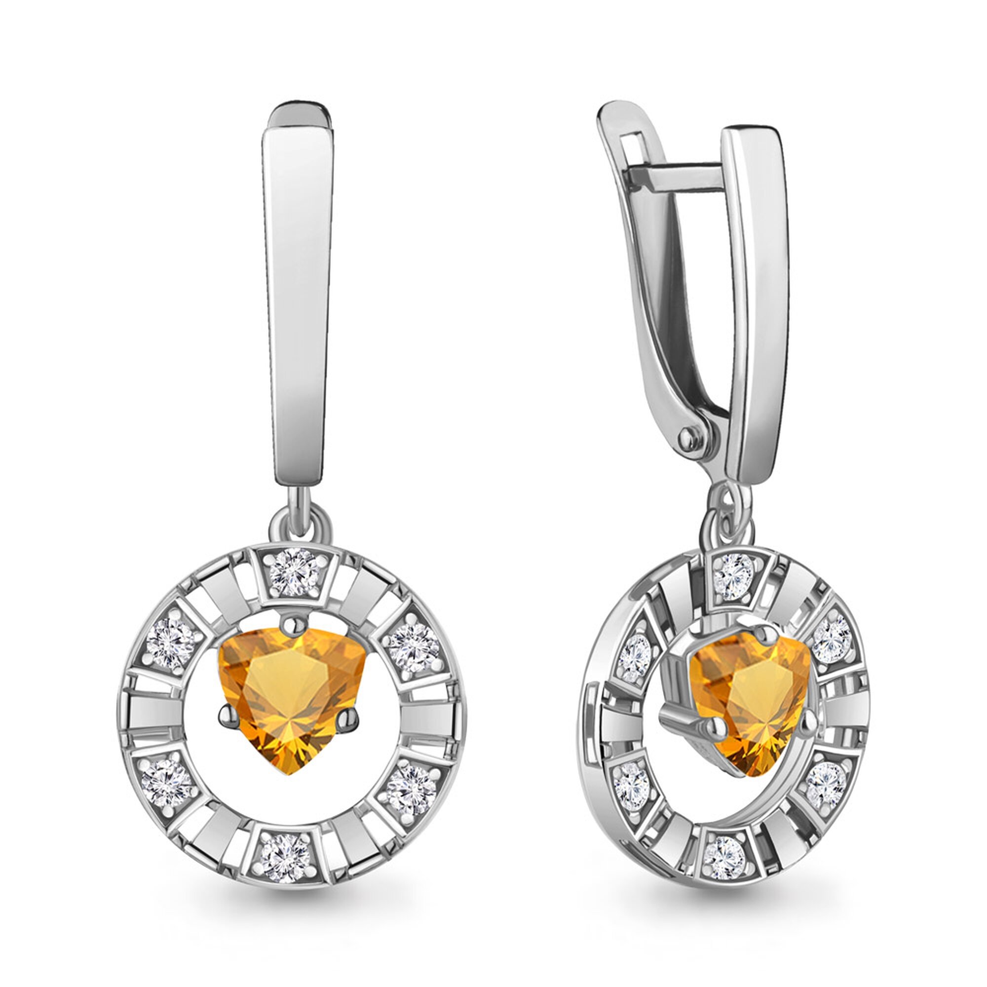 Серьги, серебро, 925 проба, родирование, цитрин, фианит