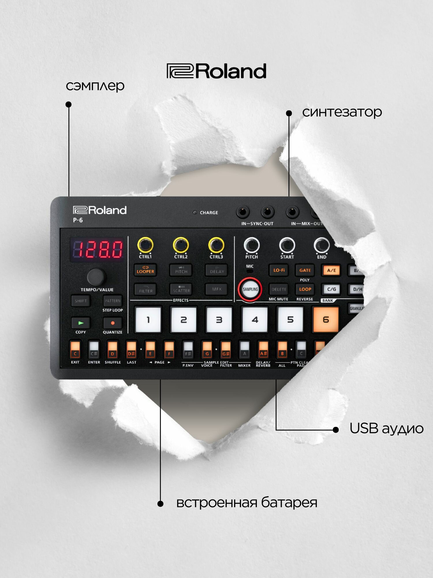 Сэмплер Roland P-6, MIDI, USB, эффект гранулярного синтеза, встроенная батарея