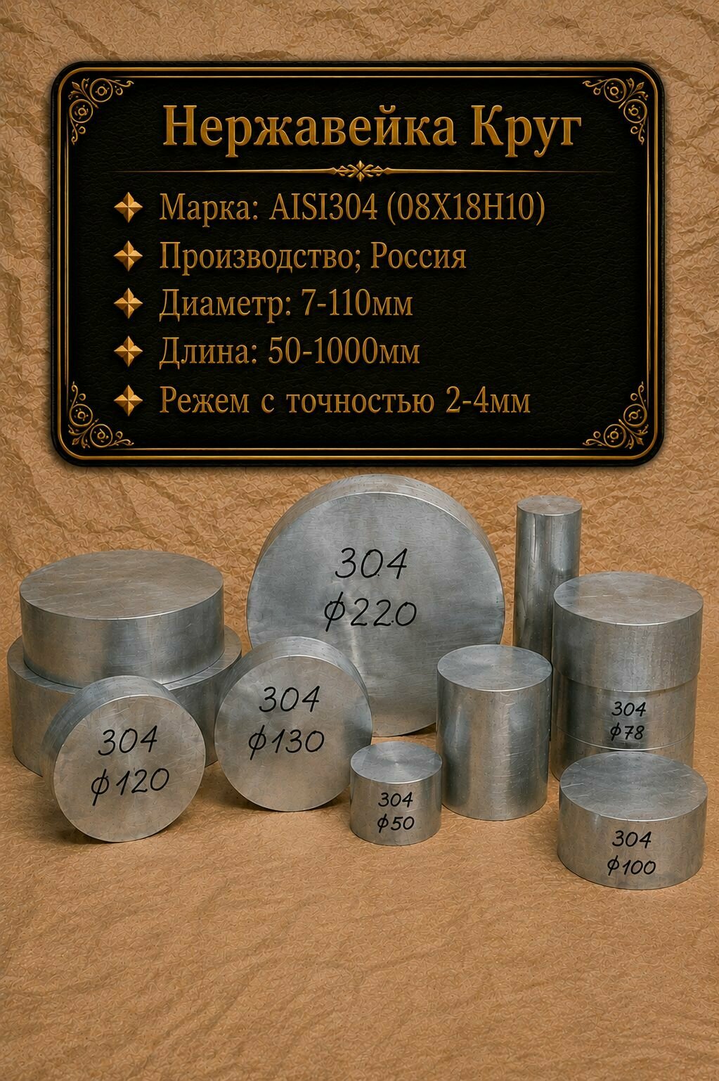 Нержавейка AISI 304 (08Х18Н10) Круг, пруток из нержавеющей стали, Диаметр 45 мм, длина 50 мм
