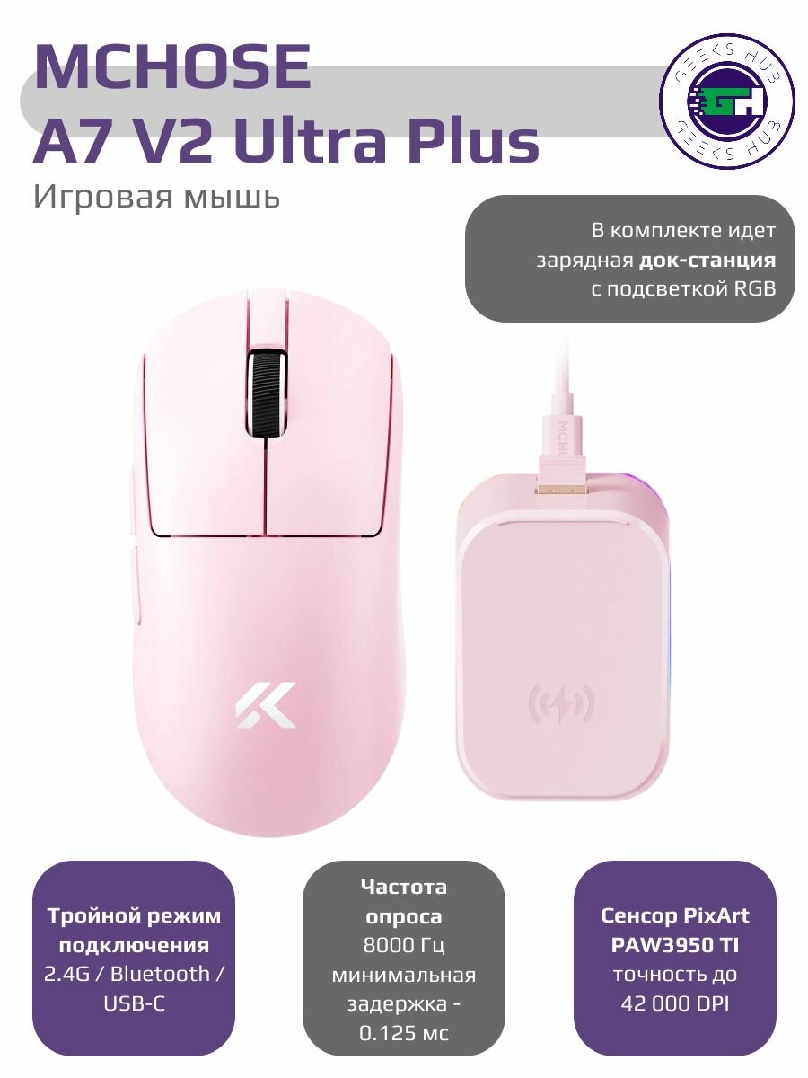 Игровая мышь MCHOSE A7 V2 Ultra Plus, светло-розовая, 42 000 dpi, с док-станцией