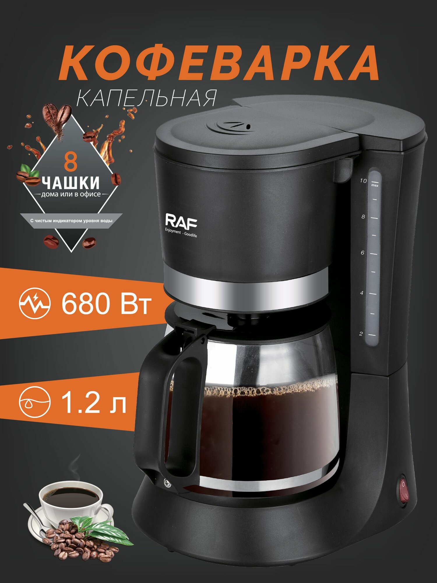 Кофеварка капельная на 1200 мл со съемным фильтром - для дома/офиса, антипригарное покрытие, автоотключение, черный матовый