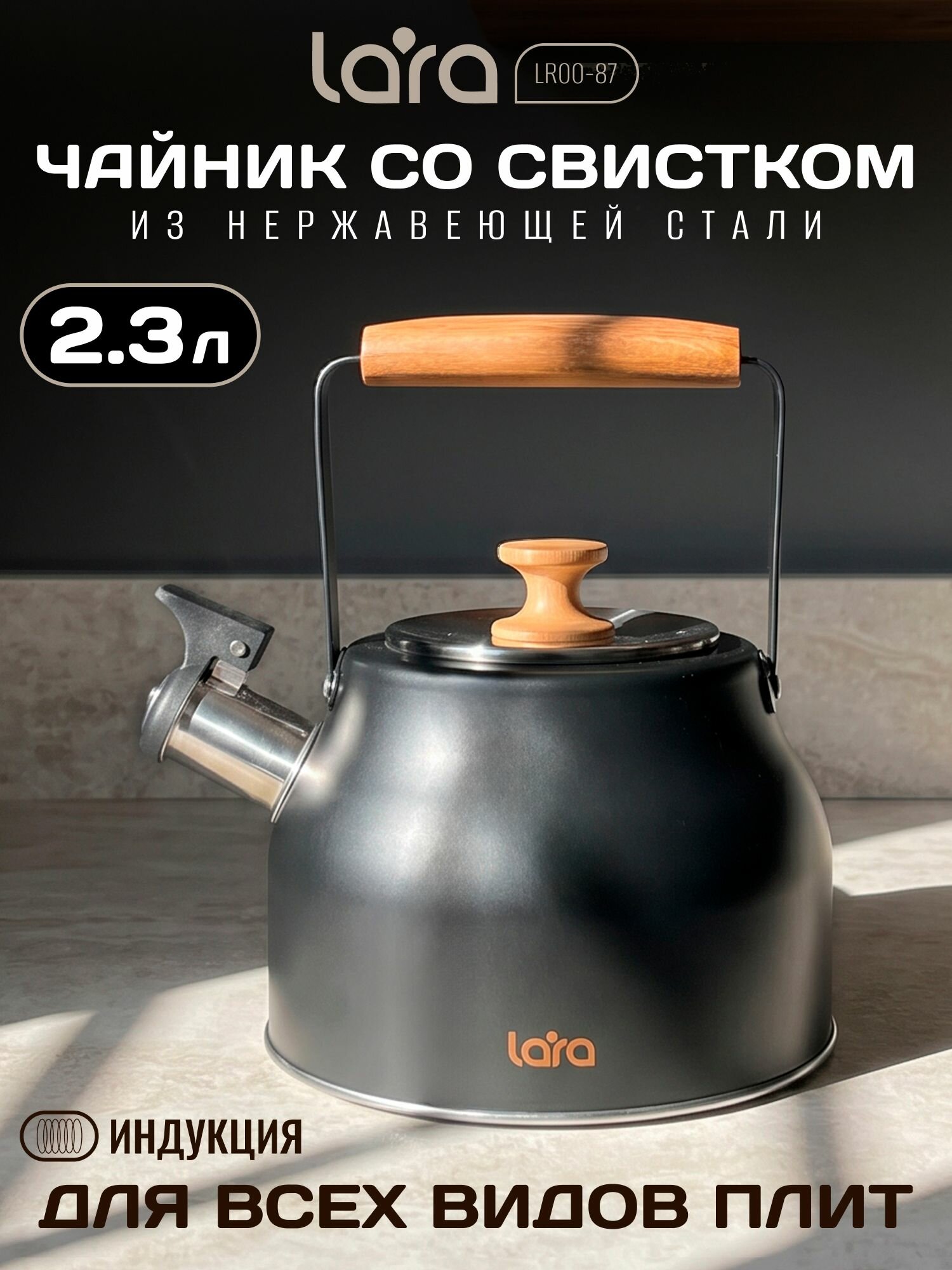 Чайник со свистком 2,3л LARA для газовой плиты из нержавеющей стали, для индукции и всех видов плит LR00-87