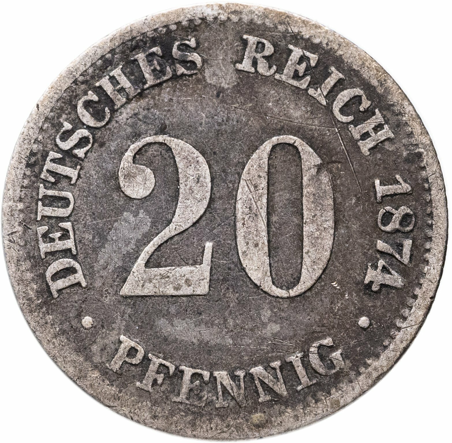 Германия 20 пфеннигов pfennig 1874 D знак монетного двора: "D" - Мюнхен, Серебро 900, в сохранности F