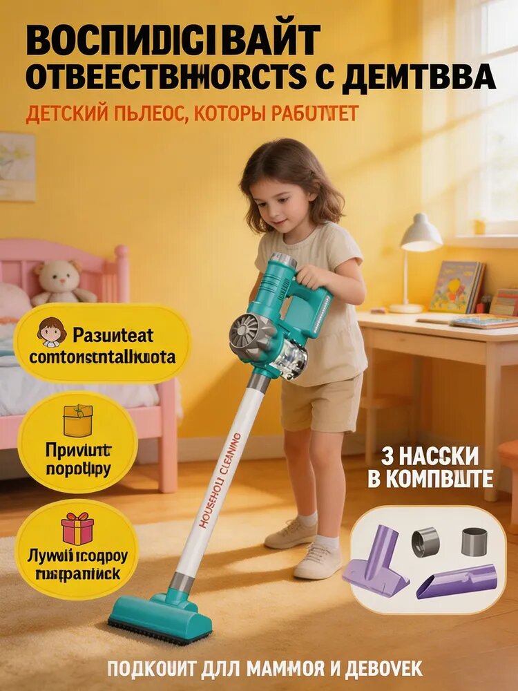 Пылесос детский вертикальный игрушечный ручной, 3 насадки, контейнер для сбора пыли, игровой набор бытовая техника