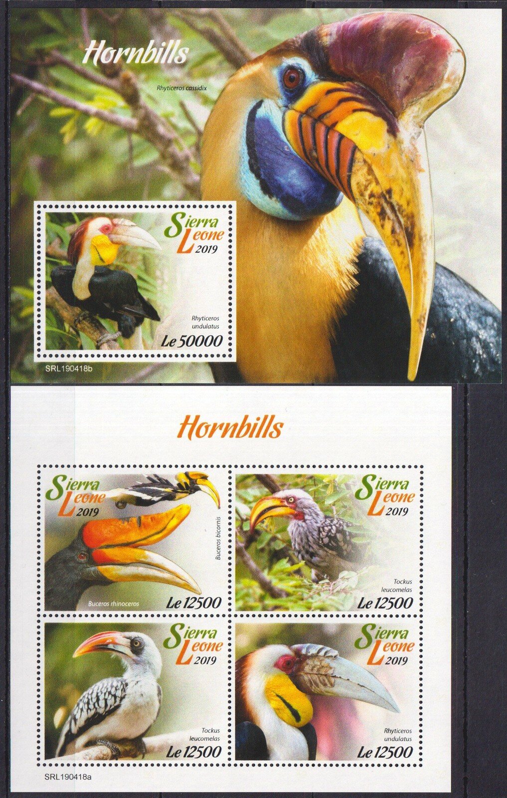 Марки 2019 год Sierra Leone Птицы-носороги Туканы Птицы Фауна #11029-32+Bl1728 Mnh
