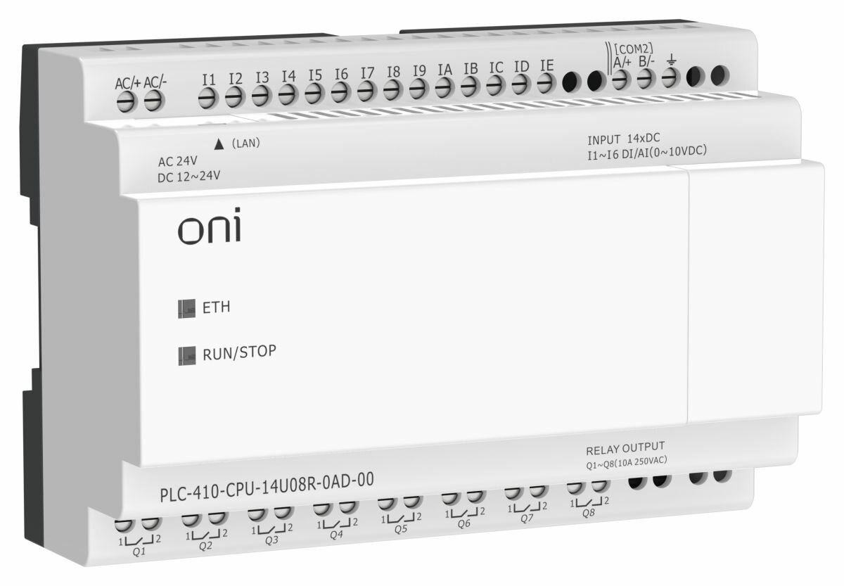 Модуль ЦПУ ПЛК 410 8 DI 6 UI (0-10В/DI) 8 RO 12В-24В DC или 24В AC с Ethernet портом без экрана ONI PLC-410-CPU-14U08R-0AD-00