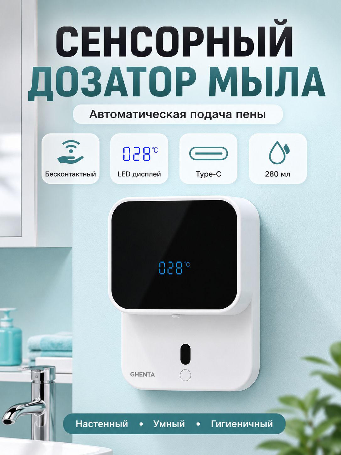 Дозатор для жидкого мыла сенсорный, Автоматический диспенсер, зарядка Type-C, без сверления