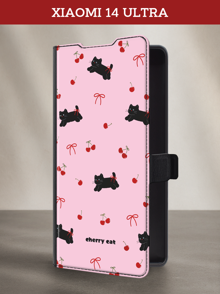 Чехол-книжка на Xiaomi 14 Ultra / Сяоми 14 Ультра с принтом cherry cat, черный